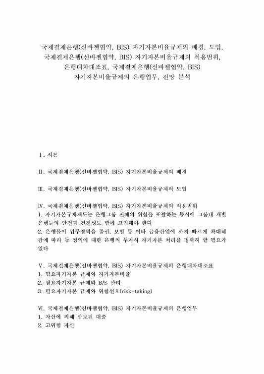 국제결제은행(신바젤협약, BIS) 자기자본비율규제의 배경, 도입, 국제결제은행(신바젤협약, BIS) 자기자본비율규제의 적용범위, 은행대차대조표, 국제결제은행(신바젤협약, BIS) 자기자본비율규제의 은행업무, 전망