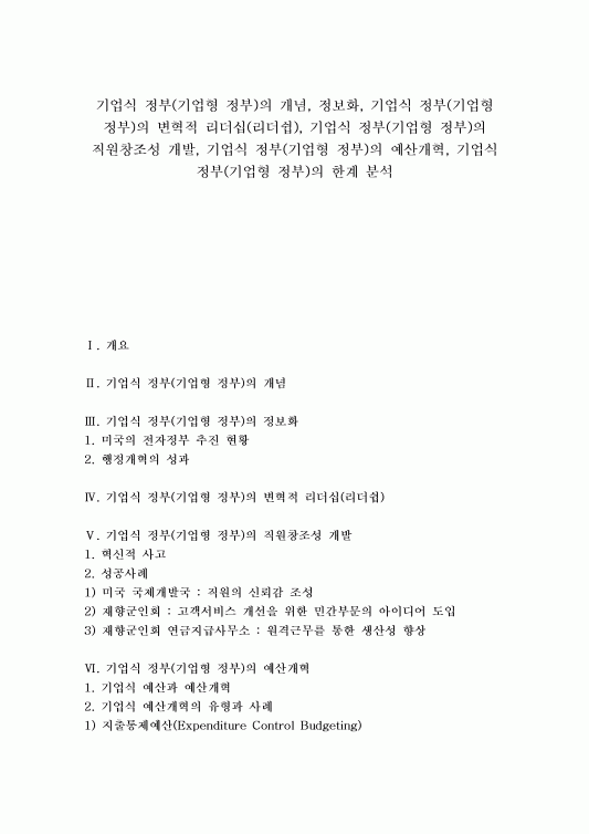기업식 정부(기업형 정부)의 개념, 정보화, 기업식 정부(기업형 정부)의 변혁적 리더십(리더쉽), 기업식 정부(기업형 정부)의 직원창조성 개발, 기업식 정부(기업형 정부) 예산개혁, 기업식 정부(기업형 정부) 한계