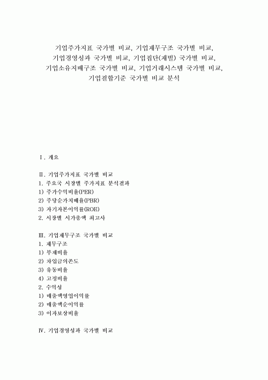 [기업비교]기업주가지표 국가별 비교, 기업재무구조 국가별 비교, 기업경영성과 국가별 비교, 기업집단(재벌) 국가별 비교, 기업소유지배구조 국가별 비교, 기업거래시스템 국가별 비교, 기업결합기준 국가별 비교