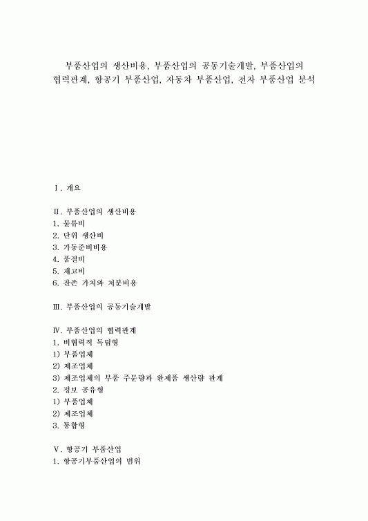 [부품산업][부품산업 공동기술개발][부품산업 생산비용][부품산업 협력관계]부품산업의 생산비용, 부품산업의 공동기술개발, 부품산업의 협력관계, 항공기 부품산업, 자동차 부품산업, 전자 부품산업 분석