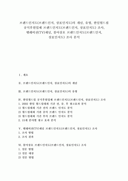 브랜드인지도(브랜드인지, 상표인지도)의 개념, 유형, 한일월드컵 공식후원업체 브랜드인지도(브랜드인지, 상표인지도) 조사, 텔레비전(TV)채널, 불어상호 브랜드인지도(브랜드인지, 상표인지도) 조사 분석