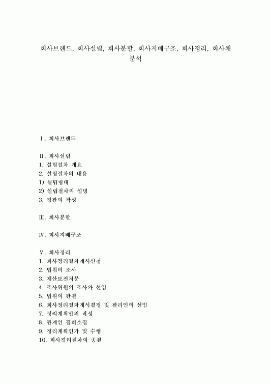 [회사][회사브랜드][회사설립][회사분할][회사지배구조][회사정리][회사채]회사브랜드, 회사설립, 회사분할, 회사지배구조, 회사정리, 회사채 분석(회사, 회사브랜드, 회사설립, 회사분할, 회사지배구조, 회사정리)