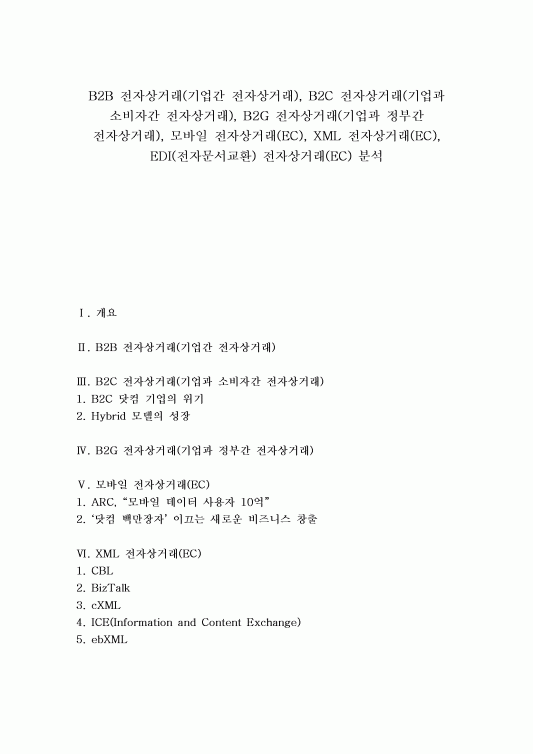 B2B 전자상거래(기업간 전자상거래), B2C 전자상거래(기업과 소비자간 전자상거래), B2G 전자상거래(기업과 정부간 전자상거래), 모바일 전자상거래(EC), XML 전자상거래(EC), EDI(전자문서교환) EC 분석