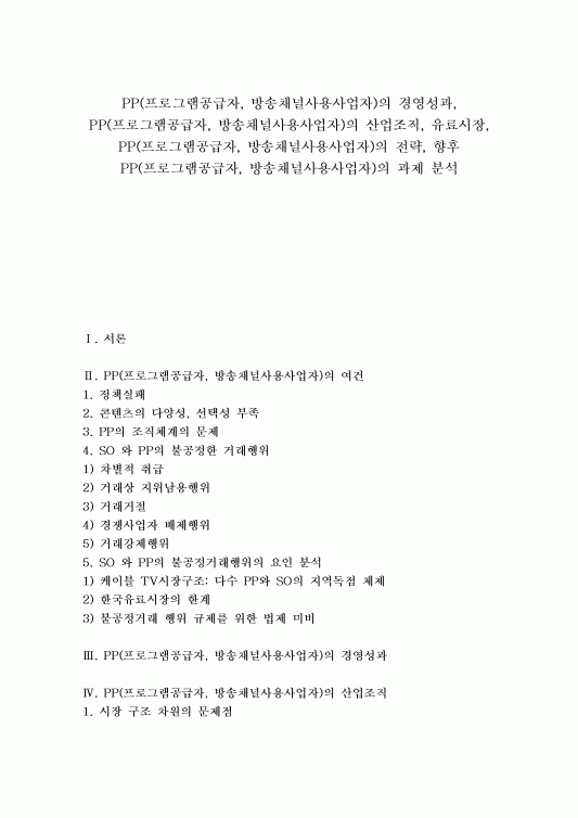 PP(프로그램공급자, 방송채널사용사업자) 경영성과, PP(프로그램공급자, 방송채널사용사업자) 산업조직,유료시장, PP(프로그램공급자,방송채널사용사업자) 전략, 향후 PP(프로그램공급자,방송채널사용사업자) 과제