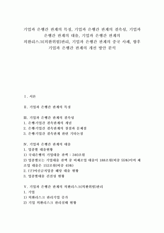 기업과 은행간 관계의 특징, 기업과 은행간 관계의 결속성, 기업과 은행간 관계의 대출, 기업과 은행간 관계의 외환리스크(외환위험)관리, 기업과 은행간 관계의 중국 사례, 향후 기업과 은행간 관계의 개선 방안
