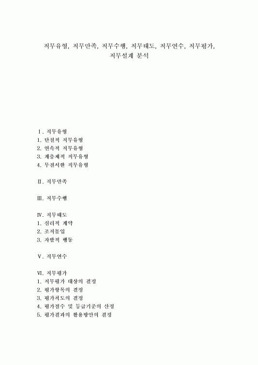 [직무][직무유형][직무만족][직무수행][직무태도][직무연수][직무평가][직무설계][연수]직무유형, 직무만족, 직무수행, 직무태도, 직무연수, 직무평가, 직무설계 분석(직무태도, 직무연수, 직무평가, 직무설계)