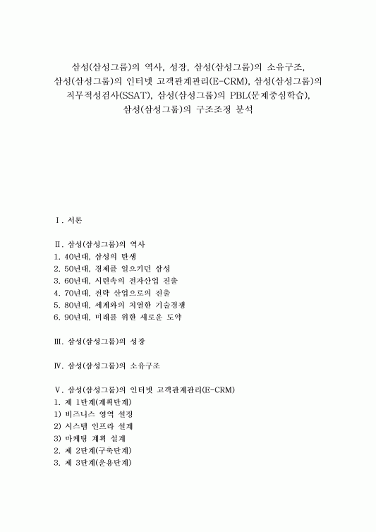 삼성(삼성그룹)의 역사, 성장, 삼성(삼성그룹)의 소유구조, 삼성(삼성그룹)의 인터넷 고객관계관리(E-CRM), 삼성(삼성그룹)의 직무적성검사(SSAT), 삼성(삼성그룹) PBL(문제중심학습), 삼성(삼성그룹) 구조조정