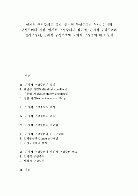 [인지적 구성주의][사회적 구성주의]인지적 구성주의의 특징, 인지적 구성주의의 역사, 인지적 구성주의 관점, 인지적 구성주의 접근법, 인지적 구성주의와 인지구성체, 인지적 구성주의와 사회적 구성주의 비교