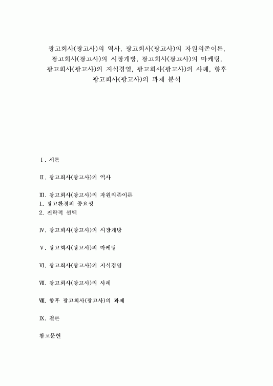 광고회사(광고사)의 역사, 광고회사(광고사)의 자원의존이론, 광고회사(광고사)의 시장개방, 광고회사(광고사)의 마케팅, 광고회사(광고사)의 지식경영, 광고회사(광고사)의 사례, 향후 광고회사(광고사) 과제 분석