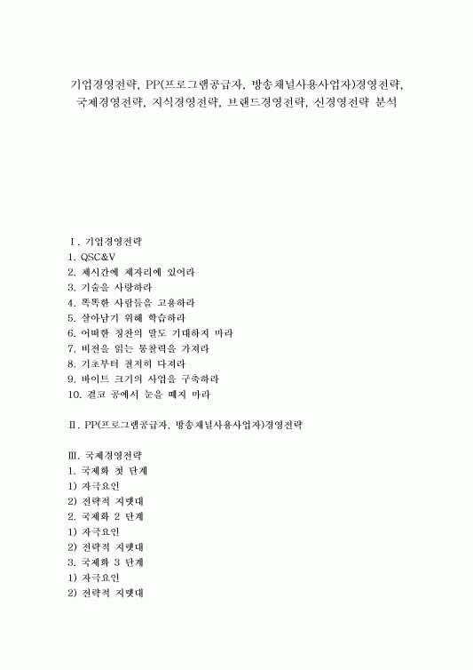 [경영전략][기업경영전략][PP경영전략][국제경영전략][신경영전략][브랜드경영전략]기업경영전략, PP(프로그램공급자, 방송채널사용사업자)경영전략, 국제경영전략, 지식경영전략, 브랜드경영전략, 신경영전략