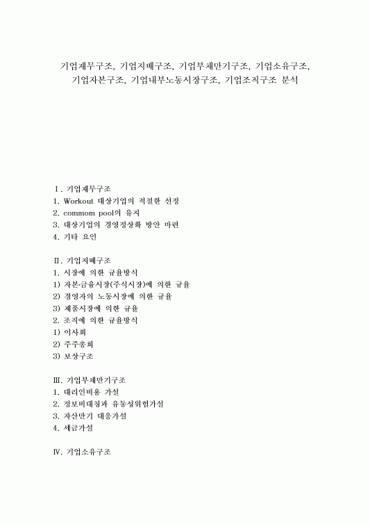 [기업구조][기업재무구조][기업지배구조][기업부채만기구조][기업소유구조][기업자본구조]기업재무구조, 기업지배구조, 기업부채만기구조, 기업소유구조, 기업자본구조, 기업내부노동시장구조, 기업조직구조 분석