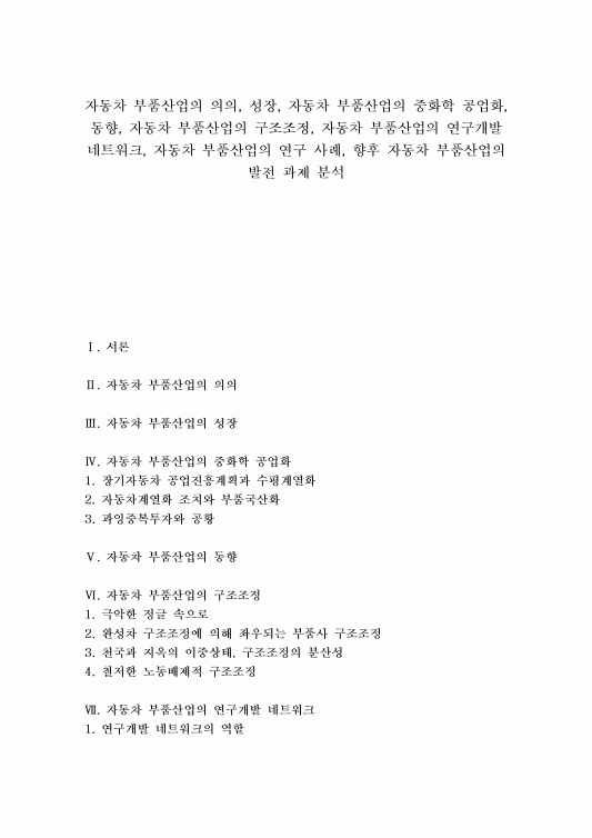 자동차 부품산업의 의의, 성장, 자동차 부품산업의 중화학 공업화, 동향, 자동차 부품산업의 구조조정, 자동차 부품산업의 연구개발 네트워크, 자동차 부품산업의 연구 사례, 향후 자동차 부품산업 발전과제