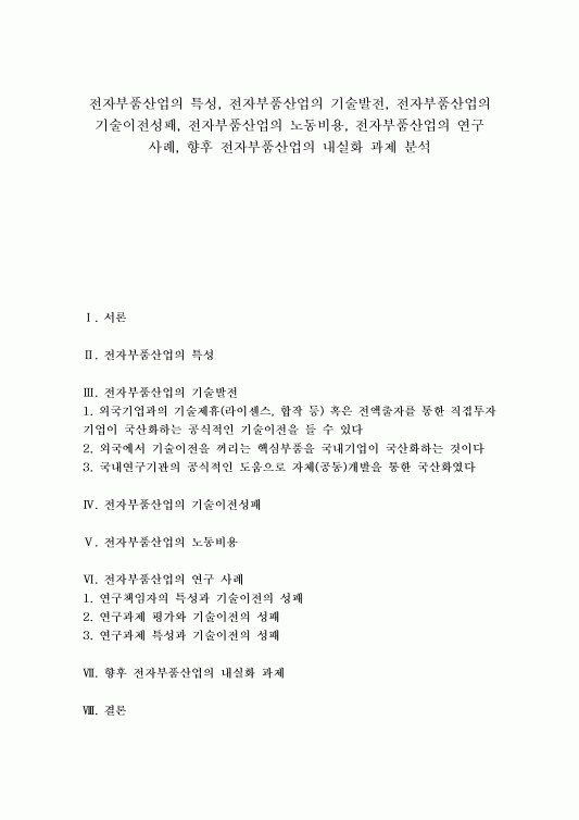 [전자부품산업][전자부품산업 기술이전성패]전자부품산업의 특성, 전자부품산업의 기술발전, 전자부품산업의 기술이전성패, 전자부품산업 노동비용, 전자부품산업 연구사 례, 향후 전자부품산업 내실화 과제 분석