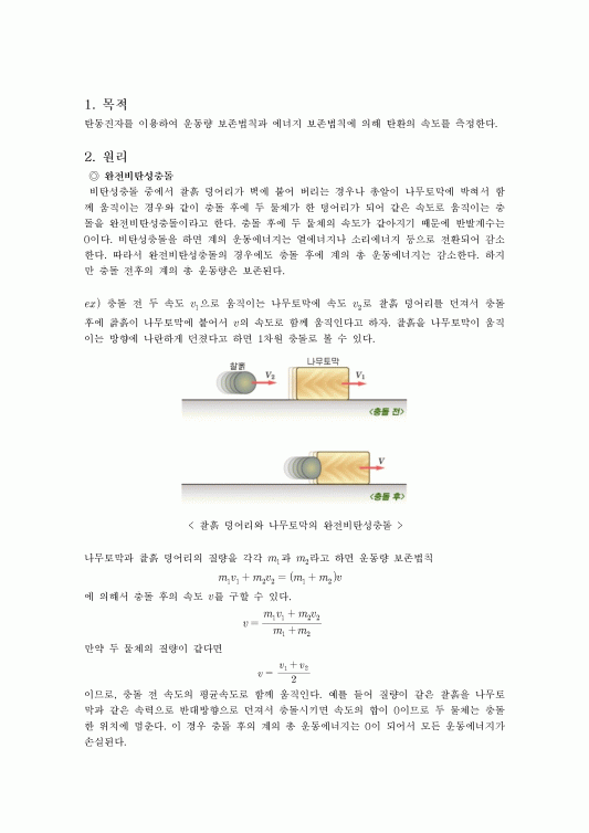 (예비) 탄동진자에 의한 탄환의 속도 측정 - 탄동진자를 이용하여 운동량 보존법칙과 에너지 보존법칙에 의해 탄환의 속도를 측정한다