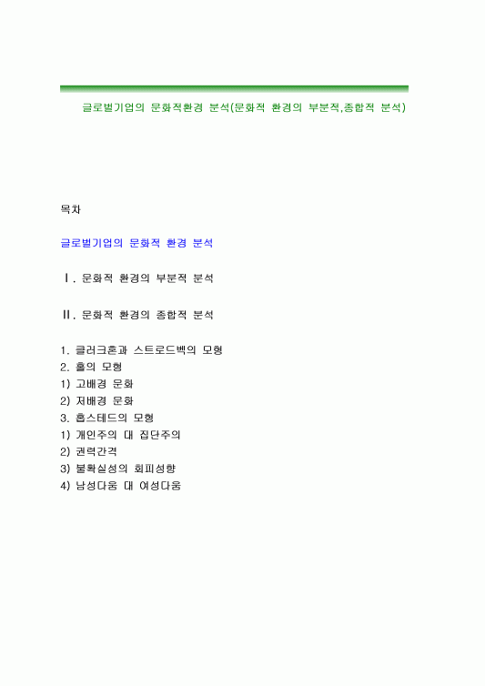 글로벌기업의 문화적환경 분석(문화적 환경의 부분적,종합적 분석)