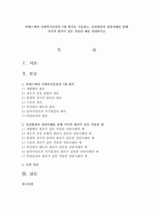 비에스텍의 사회복지실천의 7대 원칙을 서술하고, 실천현장의 상담사례를 통해 각각의 원칙이 잘못 적용된 예를 설명