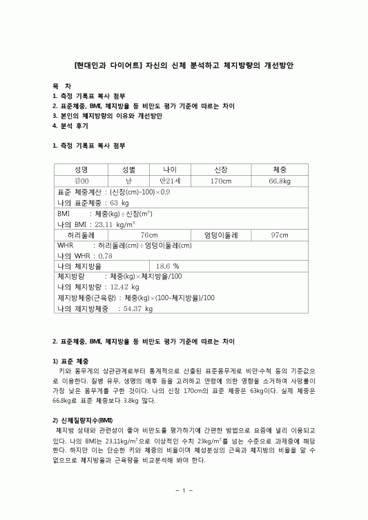 [현대인의 다이어트] 자신의 신체 분석하고 체지방량의 개선방안