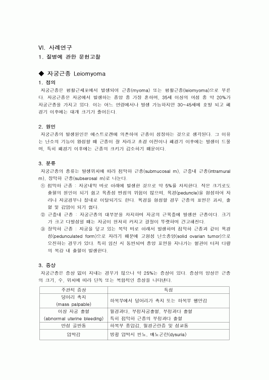 모성간호학 실습 자궁근종 간호과정/ Leiomyoma 간호과정/ 자궁근종 case study