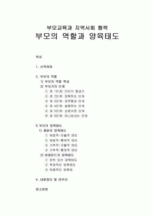 [보육학개론] 부모교육과 지역사회 협력- 부모의 역할(부모의 역할 특성과 부모기의 단계)와 부모의 양육태도(쉐퍼의 양육태도와 바움린드의 양육태도)