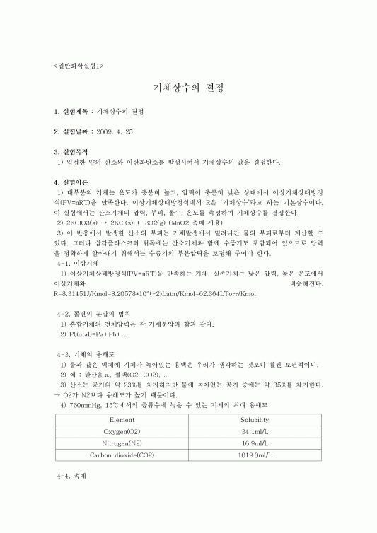 기체상수의 결정 - 개요형식의 실험보고서