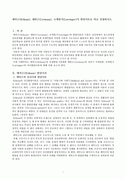 에릭슨(Erikson), 레빈슨(Levinson), 로에빙거(Loevinger)의 발달이론을 비교 설명하시오.