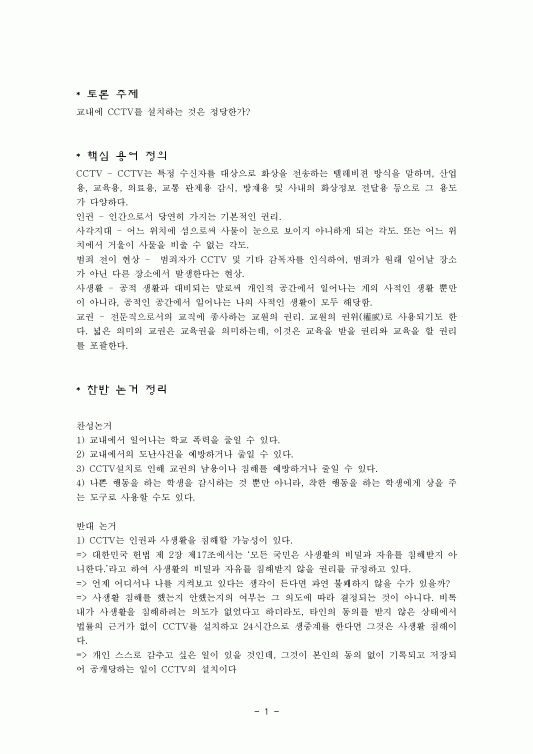 CCTV 설치에 관한 찬반 토론 자료