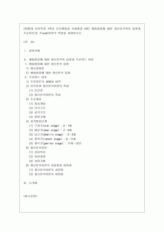 [교육학과] [인간행동과 사회환경 A형] 행동발달에 대한 프로이트(S. Freud)이론의 특징과 의의를 설명하시오.