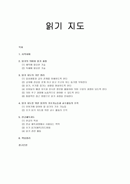 언어지도,읽기 지도 - 읽기의 의미와 읽기 과정, 읽기 지도의 기본 원리, 읽기 지도를 위한 읽기의 기초기능들과 교수활동의 조직, 한글해독지도,독해에 필요한 기술