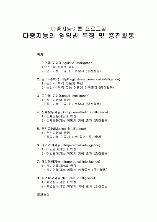다중지능이론 프로그램 - 다중지능의 영역별 특징 및 증진활동 (언어적 지능, 논리-수학적 지능, 공간적 지능, 신체운동지능, 음악지능, 대인관계지능, 개인이해지능, 자연탐구지능)