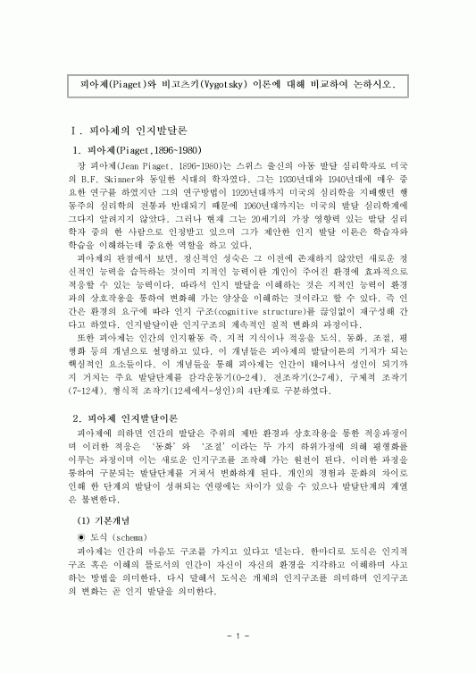 피아제 (Piaget)와 비고츠키(Vygotsky) 이론에 대해 비교하여 논하시오.