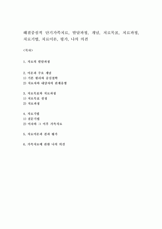 해결중심적 단기가족치료, 발달과정, 개념, 치료목표, 치료과정, 치료기법, 치료이론, 평가, 나의 의견