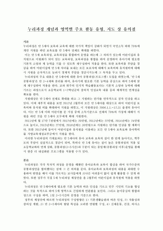 누리과정 개념과 영역별 주요 활동 유형, 지도 상 유의점