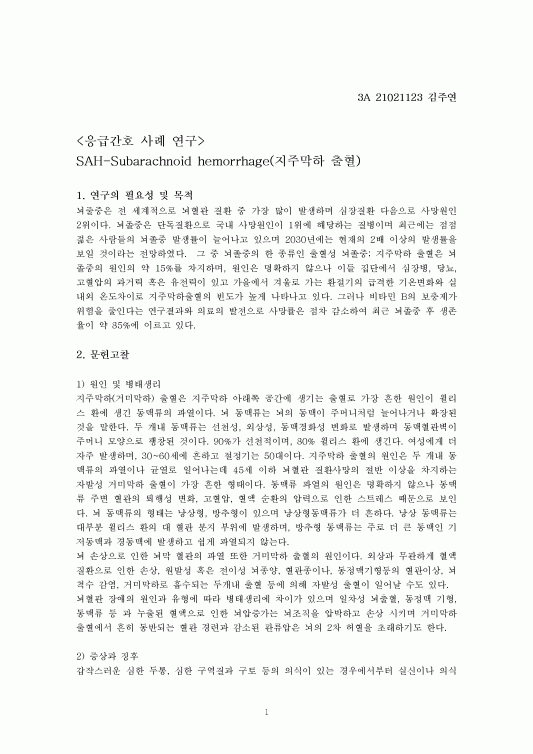 [응급간호 사례 연구] 지주막하 출혈 (SAH-Subarachnoid hemorrhage)