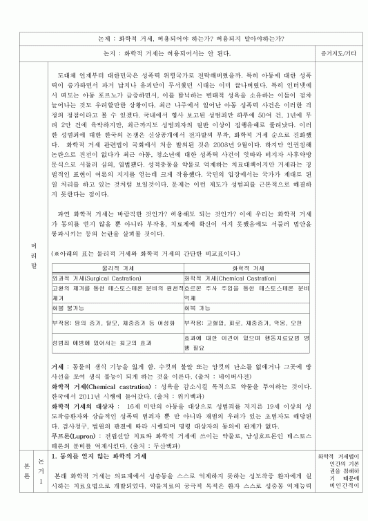 화학적거세 도입 바람직한가 바람직하지않은가 토론개요서 찬성측 반대측 모두 있음