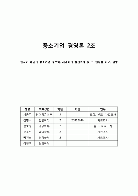 한국과 대만의 중소기업 현황 및  비교 분석
