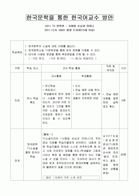 한국문화교육론 10p  TV 문학관 - 사랑방 손님과 어머니