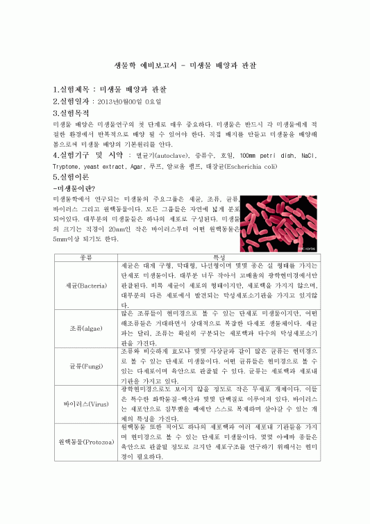 [생물학] (예비) 미생물 배양과 관찰 : 직접 배지를 만들고 미생물을 배양해 봄으로써 미생물 배양의 기본원리를 안다.