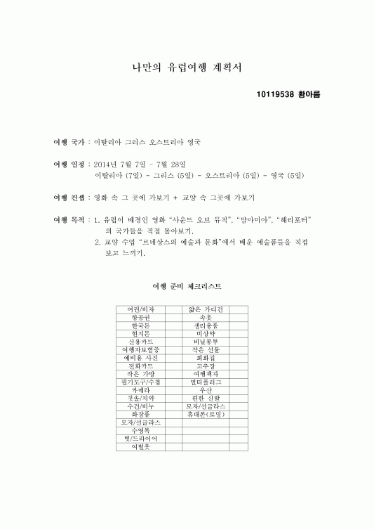 유럽여행 계획서(이탈리아-그리스-오스트리아-영국)