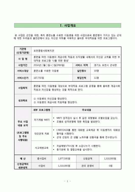 사회복지 사업계획서         주제 : 군인