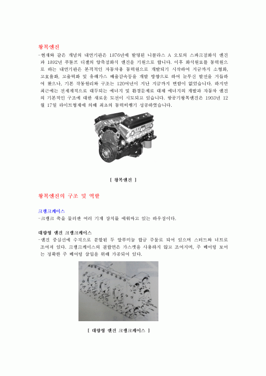왕복엔진 구성품의 종류와 그역활