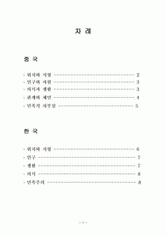 한국과 중국의 정신 문화를 다양한 관점을 통해 비교 분석하였다.