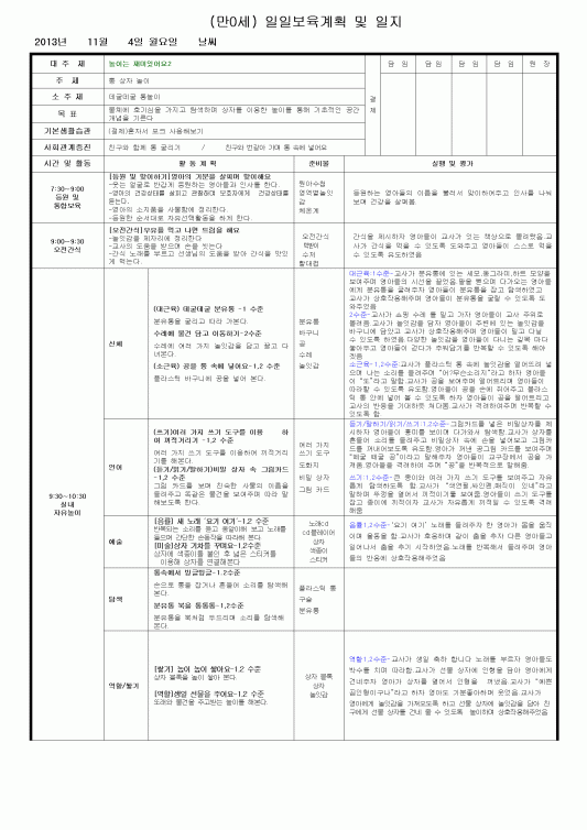 (만0세) <일일보육계획 및 일지> 11월(1개월분) - 대주제 : 놀이는 재미있어요 2 / 주제 : 통 상자 놀이 1, 2 & 헝겊,천 놀이 1, 2