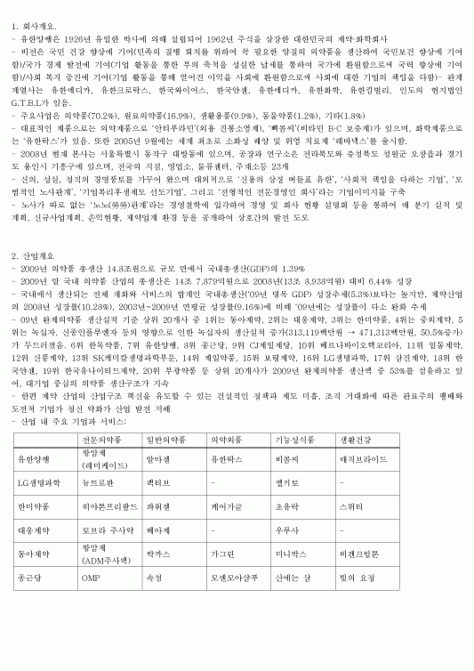 유한양행 기업분석과 재무제표분석, 유한양행 기업가치평가 보고서 - 회사개요, 산업개요, 미래 예측과 추정재무제표, 가치평가