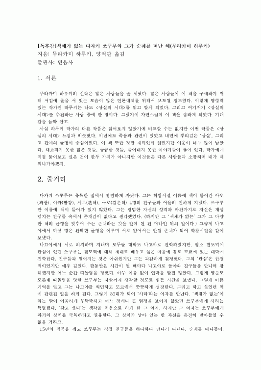[독후감] 색채가 없는 다자키 쓰쿠루와 그가 순례를 떠난 해 _ 무라카미 하루키(村上春樹) 저