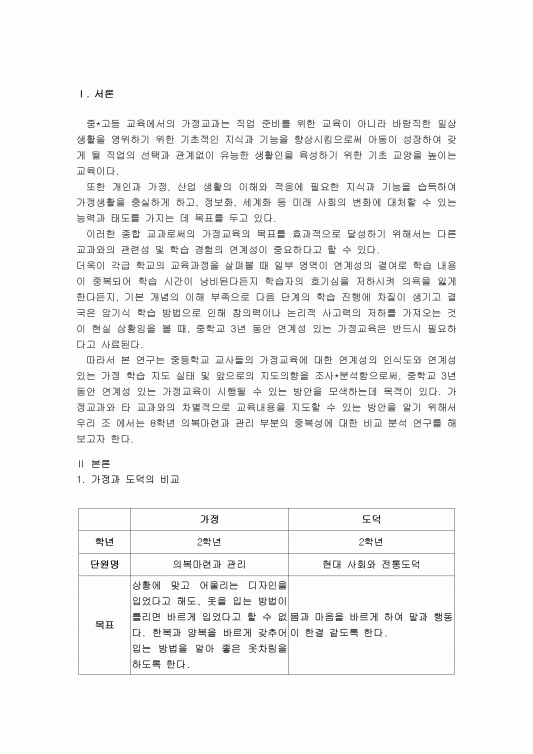 가정교과와 타 교과목과 비교 분석