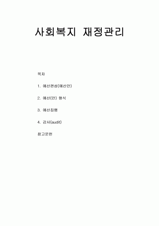 사회복지 재정관리 - 예산편성(예산안), 예산(안) 형식, 예산집행, 감사(audit)