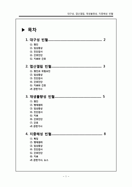 빈혈 - 대구성 빈혈(Macrocytic anemia), 엽산결핍성(Folic acid deficiency) 빈혈, 재생불량성 빈혈(Aplastic anemia), 지중해성 빈혈(Thalassemia)