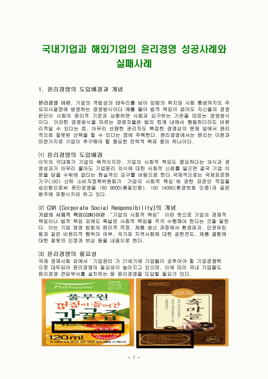 국내기업과 해외기업의 윤리경영 성공사례와 실패사례