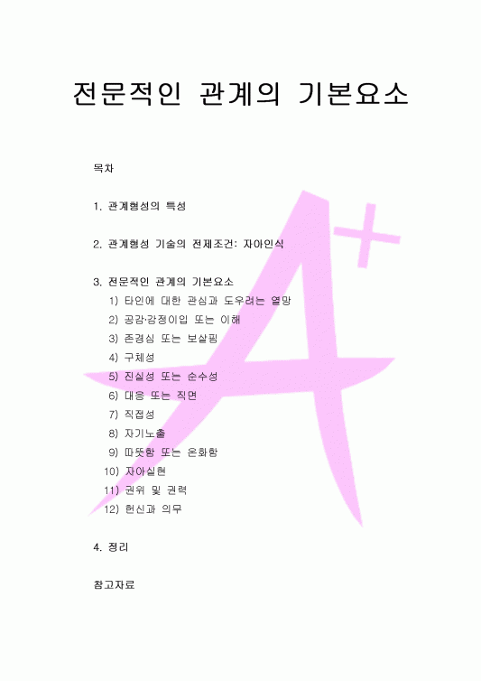 <관계형성> 관계형성의 특성, 관계형성 기술의 전제조건(자아인식), 전문적인 관계의 기본요소