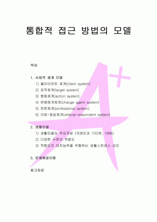 <통합적 접근 방법의 모델> 사회적 체계 모델, 생활모델, 문제해결모델
